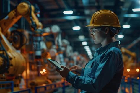 Premium Photo An Engineer Uses A Digital Tablet To Control A Robotic Arm In A Hightech