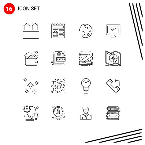 Pack Of 16 Modern Outlines Signs And Symbols For Web Print Media Such As Cash Imac Bank Device