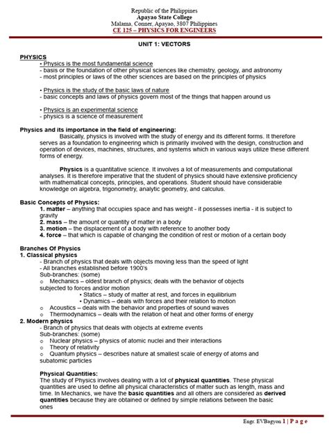 Physics Unit 1 Vectors Part I Pdf Physics Euclidean Vector