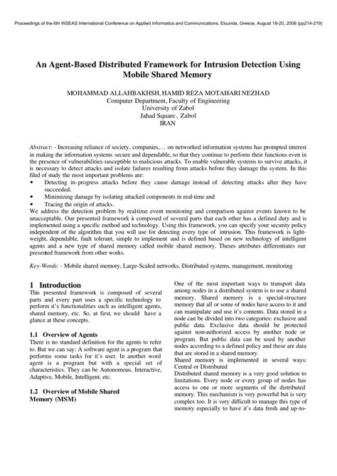 Pdf An Agent Based Distributed Framework For Intrusion Detection Using Mobile Shared Memory