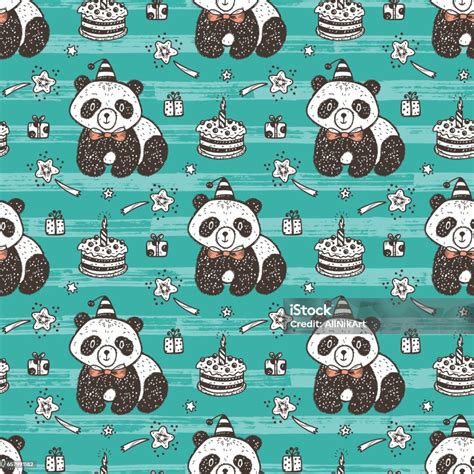 귀여운 아기 팬더와 생일 원활한 벡터 패턴입니다 팬더 축 하 케이크 선물 불꽃놀이 함께 끝 없는 배경 화면 손으로 그린 낙서 재미 흑백 곰입니다 아이 들을 위한 배경 곰에