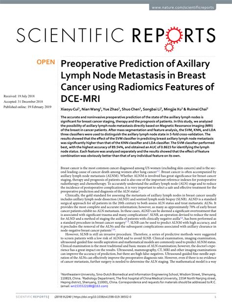 Pdf Preoperative Prediction Of Axillary Lymph Node Metastasis In Breast Cancer Using Radiomics