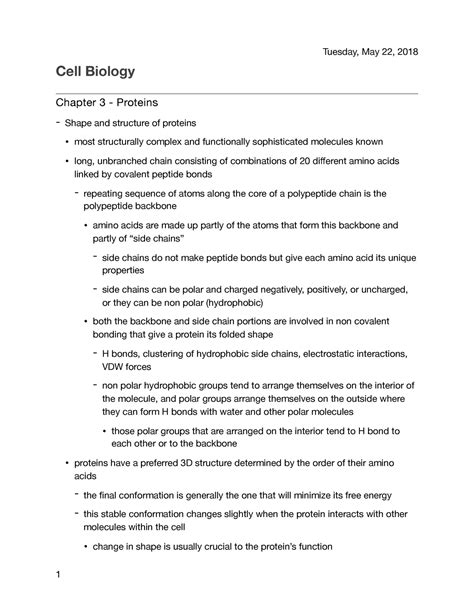 Cell Bio Ch 3 Summary Tuesday May 22 2018 Cell Biology Chapter 3 Proteins Shape And