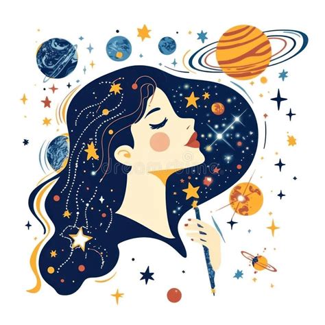 Cosmic Woman Illustration Celestial Hair And Planets Stock
