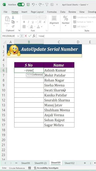 Auto Serial Number Without Manual Update 🔄 Excel Exceltips Shorts Exceltutorial Ytshorts