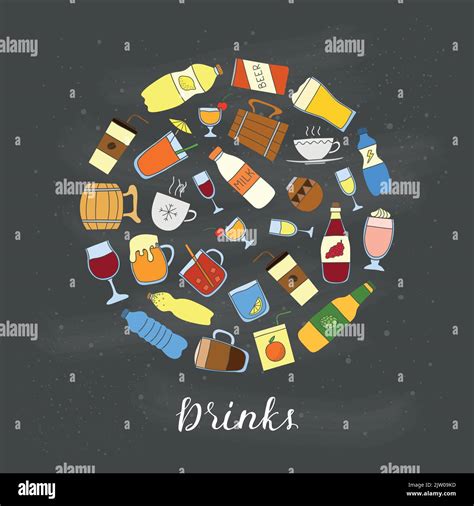 Different Doodle Colorful Liquid Drinks Composed In Circle Shape With