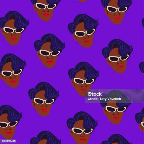 보라색 배경에 검은 피부 패션 인플 루 언서 얼굴 패턴 빨간 입술 무늬를 가진 세련 된 검은 피부 여자 배경 주제에 대한 스톡 벡터 아트 및 기타 이미지 Istock