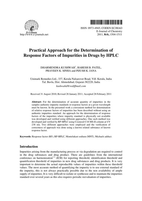 PDF Practical Approach For The Determination Of Response Factors Of Impurities In Drugs By HPLC