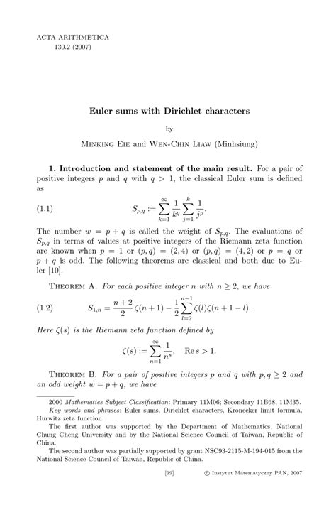 Pdf Euler Sums With Dirichlet Characters