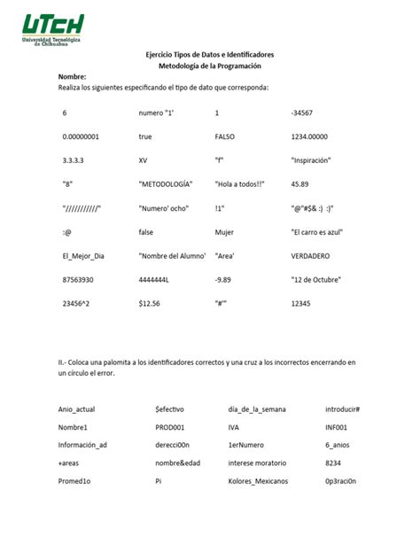 Ejercicio Tipos De Datos E Identificadores Pdf