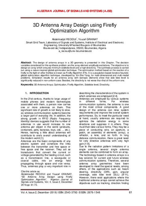 Pdf 3d Antenna Array Design Using Firefly Optimization Algorithm