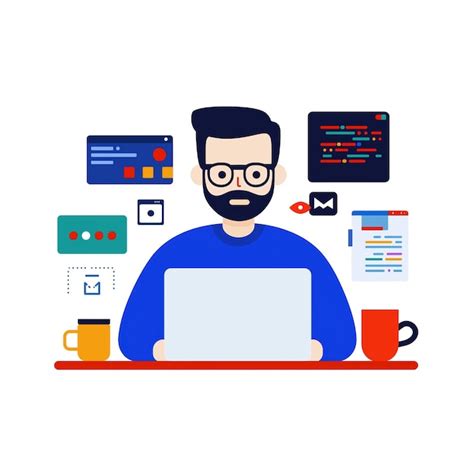 Illustration Of A Man With A Beard Working On A Laptop Surrounded By Coding And Techrelated