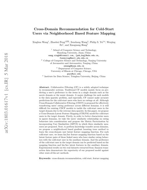 Pdf Cross Domain Recommendation For Cold Start Users Via Neighborhood Based Feature Mapping