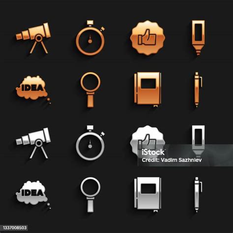 돋보기 마커 펜 펜 책 아이디어 음성 거품 손 엄지 손가락 망원경 및 스톱 워치 아이콘을 설정합니다 벡터 검색에 대한 스톡 벡터 아트 및 기타 이미지 Istock