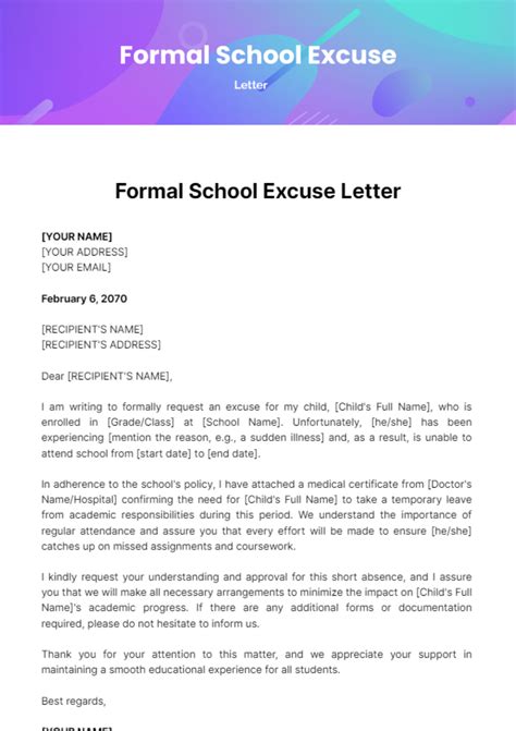Free School Excuse Letter Format Template To Edit Online