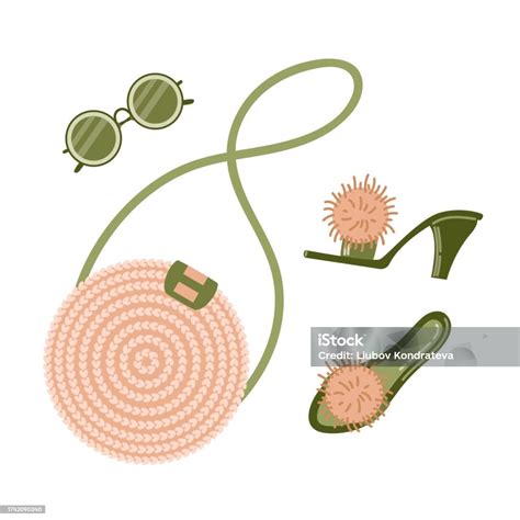 보헤미안 스타일의 액세서리 세트 친환경 고리 버들 세공 니트 라운드 황마 가방 둥근 히피 안경 폼폼 샌들 지구 색조로 스티커 포스터 엽서 디자인 요소 0에 대한 스톡 벡터
