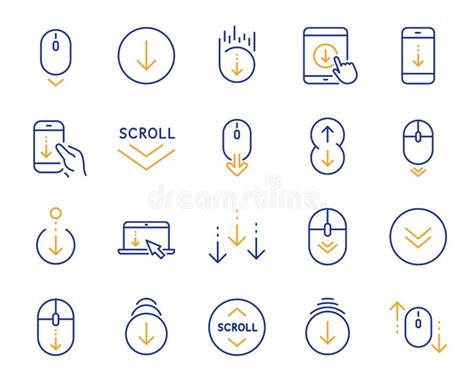 Scroll Down Line Icons Scrolling Mouse Landing Page Swipe Signs Vector Stock Vector