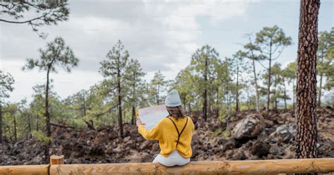 노란 스웨터와 모자를 쓴 젊은 세련된 여자가 혼자 숲을 여행하는 동안 도로 울타리에 종이 지도를 들고 앉아 있다 사진 Unsplash의 스페인 이미지