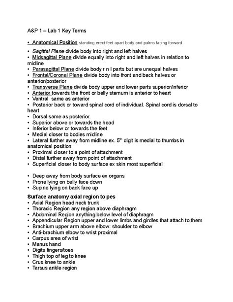 Lab Lab A P Lab Key Terms Anatomical Position Standing Erect Feet Apart Body And