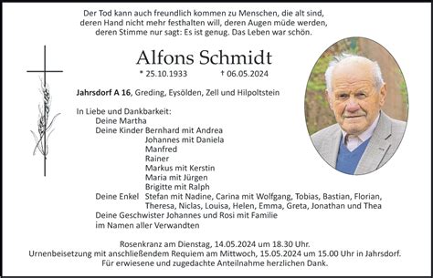 Traueranzeigen Von Alfons Schmidt Trauernnde