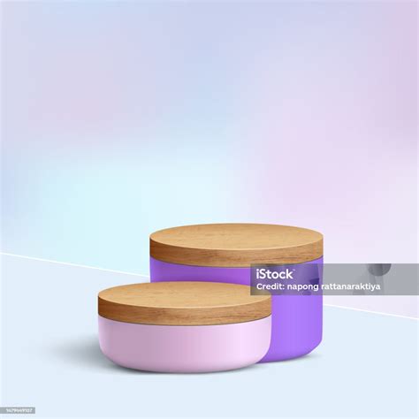 제품 장면의 배경입니다 나무와 보라색 제품은 보라색 배경에 연단을 표시하고 모형 화장품 스파 제품을 위한 빛을 가지고 있습니다 받침대 디스플레이 스튜디오의 3d 무대