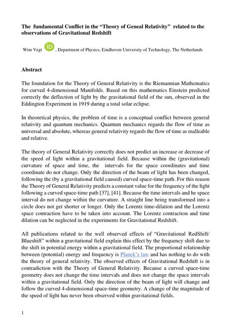 Pdf The Fundamental Conflict In The Theory Of Geneal Relativity