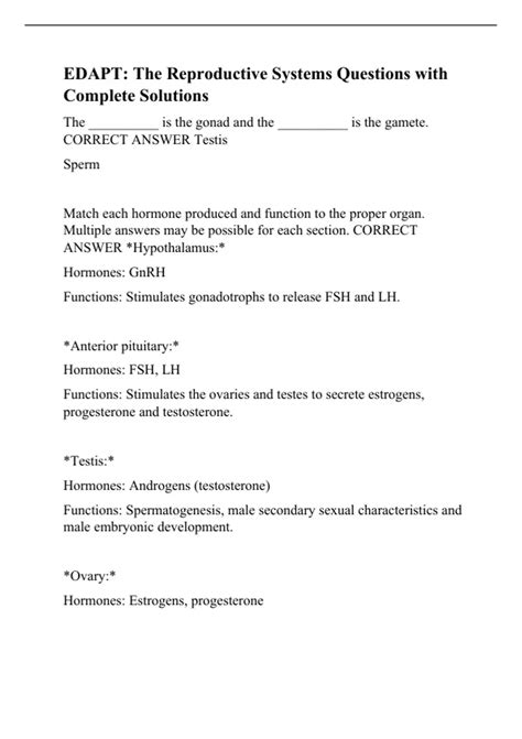 Edapt The Reproductive Systems Questions With Complete Solutions