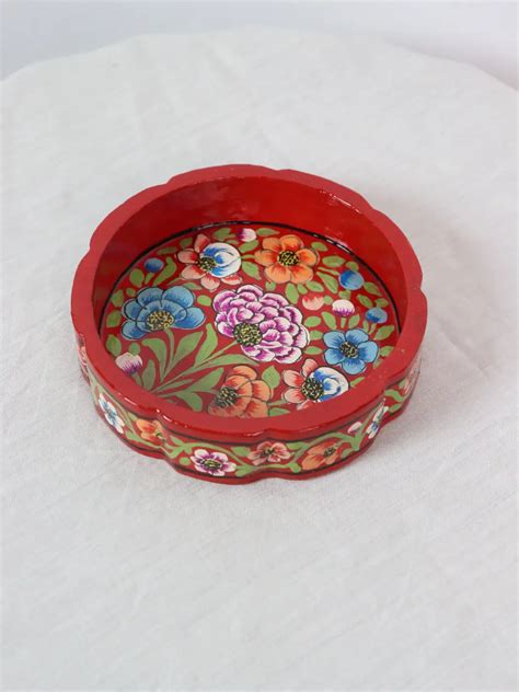 Kashmiri Red Handicraft Bowl Hand Painted Paper Machie Gyawun