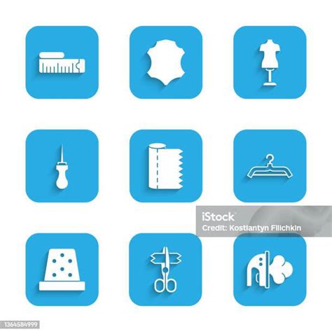 직물 직물 롤 가위 전기 철 행거 옷장 바느질을위한 Thimble Awl 도구 마네킹 및 테이프 측정 아이콘을 설정합니다 벡터 0명에 대한 스톡 벡터 아트 및 기타 이미지