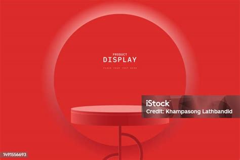 빨간색 3d 원형 실린더 스탠드 연단 받침대가 있는 최소한의 벽 장면은 가대 이젤 삼각대 및 붉은 벽에 둥근 원 모양 뒤에 빛이