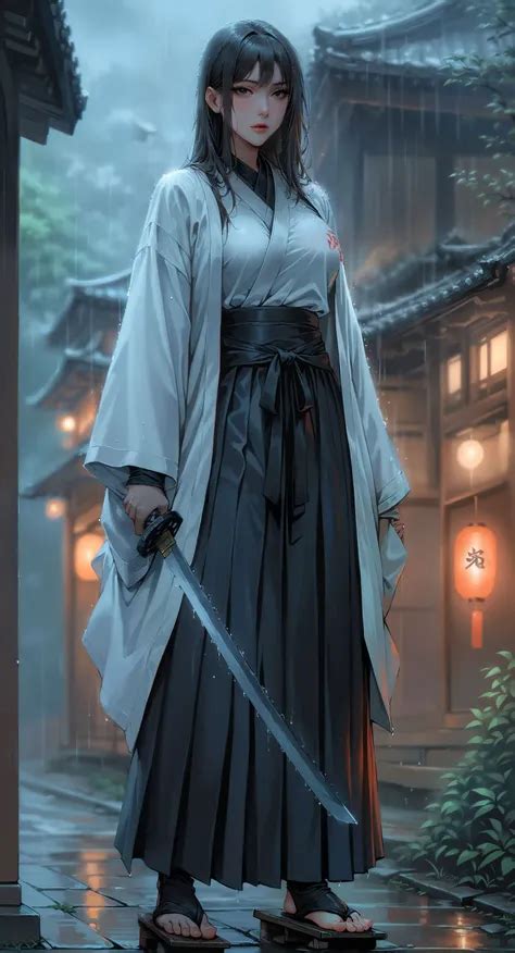 A Woman In A Kimono Outfit Holding A Sword In A Courtyard Seaart Ai
