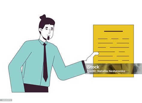 수염 난 남성 회사원이 서류 작업을 하는 플랫 라인 컬러 벡터 문자 2차 도형에 대한 스톡 벡터 아트 및 기타 이미지 2차