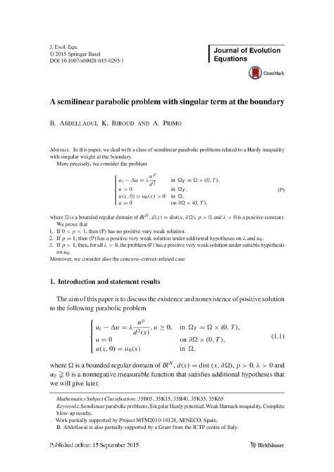 Pdf A Semilinear Parabolic Problemwith Singular Term At The Boundary