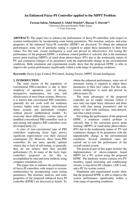 Pdf An Enhanced Fuzzy Pi Controller Applied To The Mppt Problem