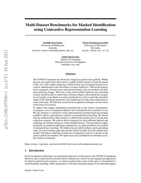 Pdf Multi Dataset Benchmarks For Masked Identification Using Contrastive Representation Learning