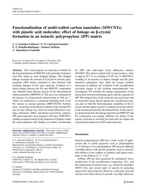 Pdf Functionalization Of Multi Walled Carbon Nanotubes Mwcnts With Pimelic Acid Molecules