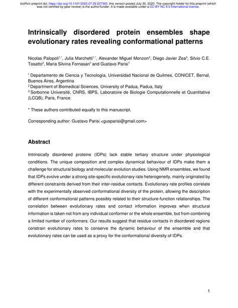 Pdf Intrinsically Disordered Protein Ensembles Shape Evolutionary