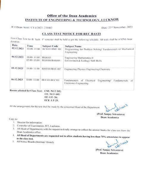 Class Test Notice For Odd Sem Session 2023 24 Pdf Engineering Science