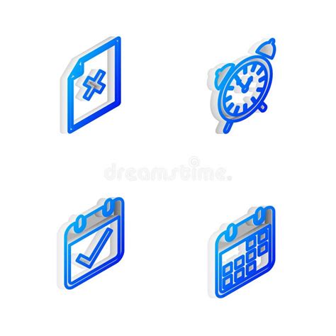 Set Isometric Line Alarm Clock Delete File Document Calendar With
