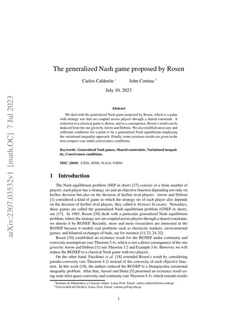 Pdf The Generalized Nash Game Proposed By Rosen