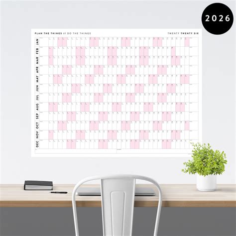 Printable 2026 Horizontal Wall Calendar With Pink Weekends Instant D Plan The Things