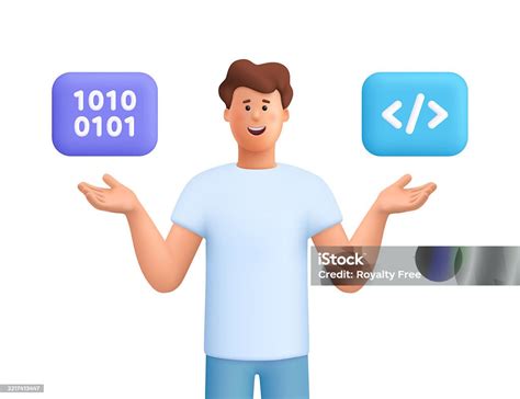 젊고 웃고 있는 남자 제임스가 프로그래밍 코드와 이진 코드 기호를 가리키고 있다 웹 개발 프로그래밍 언어 및 코딩 개념 3d 벡터 사람들 문자입니다 만화 미니멀 스타일 3