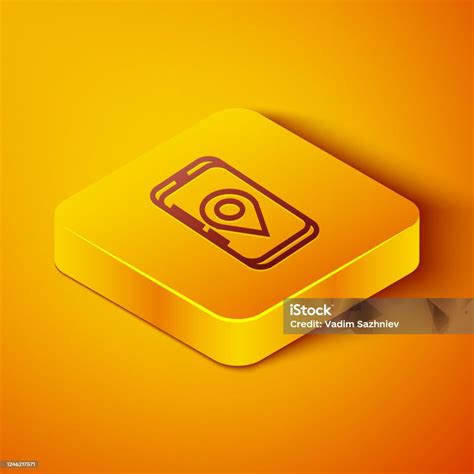 아이소메트릭 라인 주황색 배경에 격리 된 앱 배달 추적 아이콘이있는 모바일 스마트 폰 소포 추적 노란색 사각형 버튼입니다 벡터 일러스트레이션 3차원 형태에 대한 스톡 벡터