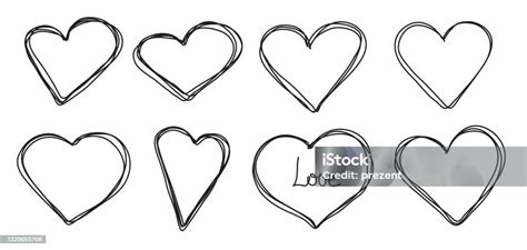 흰색 배경에 격리 된 하트 아이콘 웹 사이트 로고 모바일 앱 Ui 디자인에 대한 손으로 그린 라인 아트 러브 기호세트 벡터 그림
