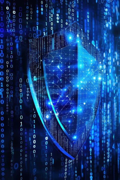 Advanced Cybersecurity Protection Concept With Glowing Blue Shield And Binary Data Streams Stock