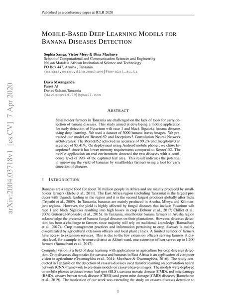 Mobile Based Deep Learning Models For Banana Diseases Detection Deepai