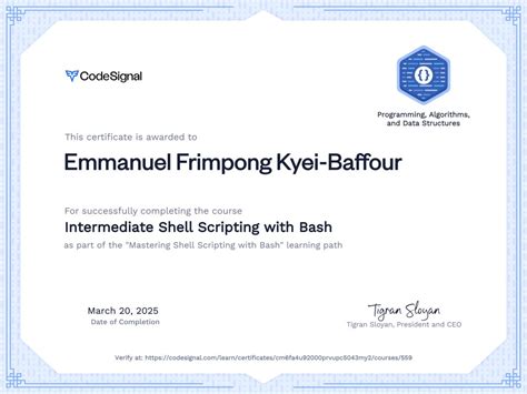 Course Certificate For Intermediate Shell Scripting With Bash