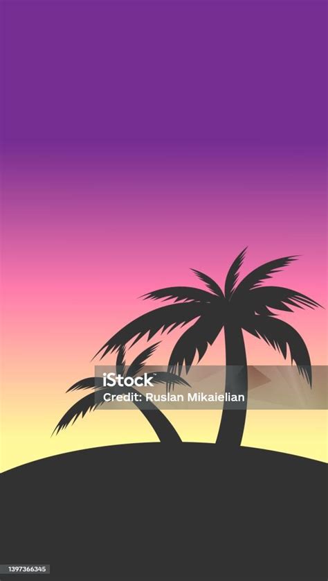 야자수는 해질녘에 그림자를 드리운다 분홍색 보라색 여름 하늘과 코코넛 나무 그림자가있는 해변에서의 저녁 섬에 열대 야자수 벡터 일러스트 레이 션 0명에 대한 스톡 벡터 아트