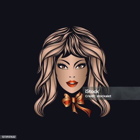 패션 및 뷰티 살롱 일러스트레이션 우아한 메이크업과 리본 활을 입고 길고 물결 모양의 헤어 스타일을 가진 젊은 여성 눈 신체 부분에 대한 스톡 벡터 아트 및 기타 이미지