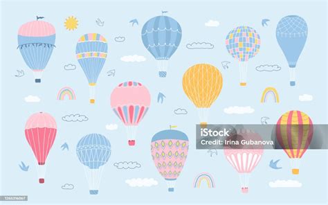 로맨틱한 풍선 구름 새 무지개의 다양한 파스텔 색상 어린이 방 디자인 직물 초대장 인사말 카드에 대한 아이콘 세트 벡터